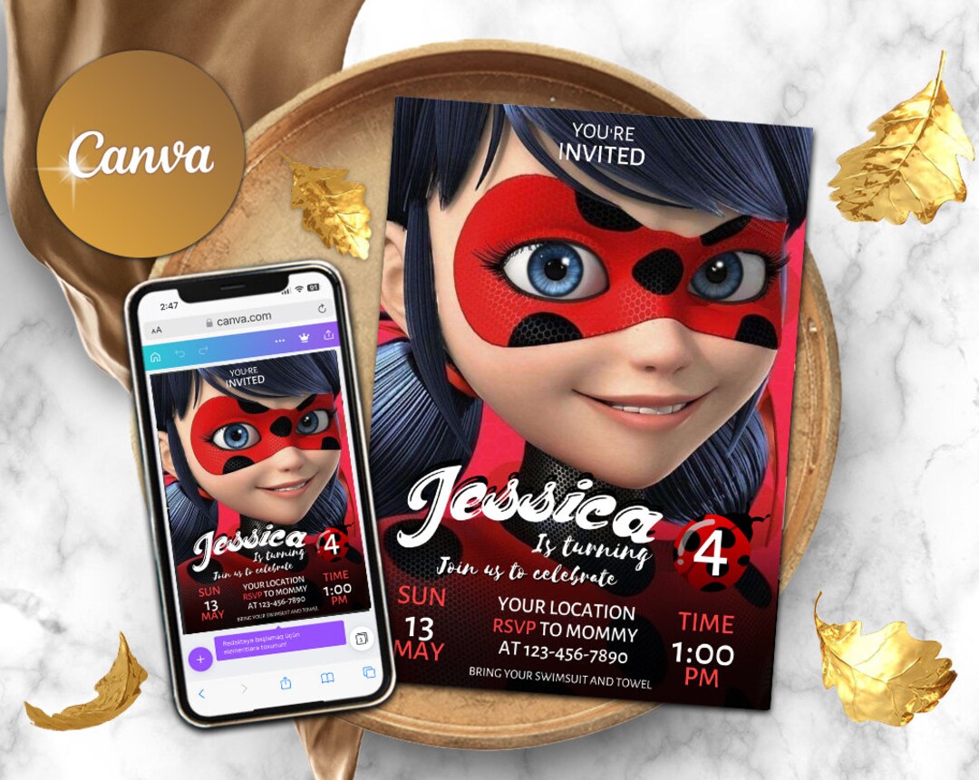 Invitación de cumpleaños editable de Miraculous Ladybug y Cat Noir ...