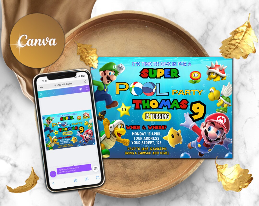 Super Mario Pool Party Birthday Invitation Mario Waterslide Invitation ...
