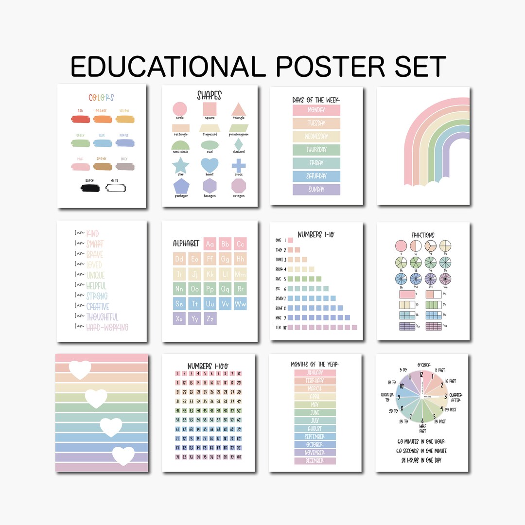 Educational Poster Set, Printable Home School Prints, Boho Educational ...