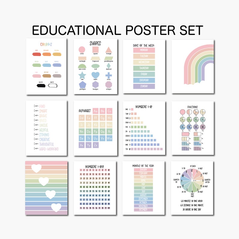 Educational Poster Set, Printable Home School Prints, Boho Educational ...