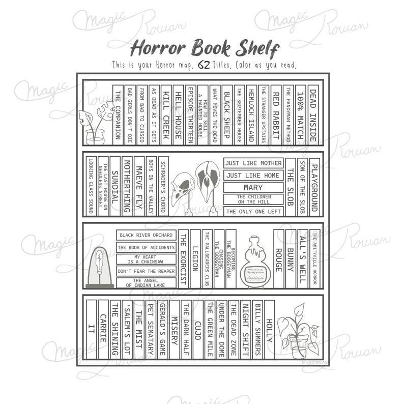 Horror Bookshelf, Digital Print, Book Spreadsheet; Book Tracker; Book ...