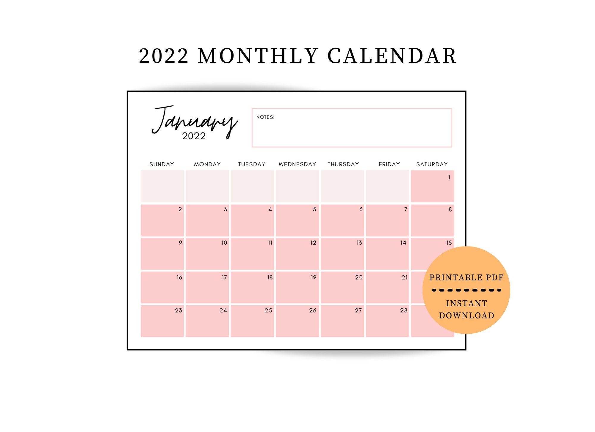 Printable Calendar 2022 Colorful Calendar Pink - Etsy
