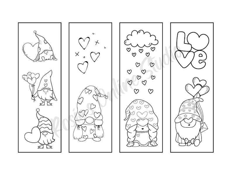 Valentine Gnome Coloring Bookmarks #2 - Etsy