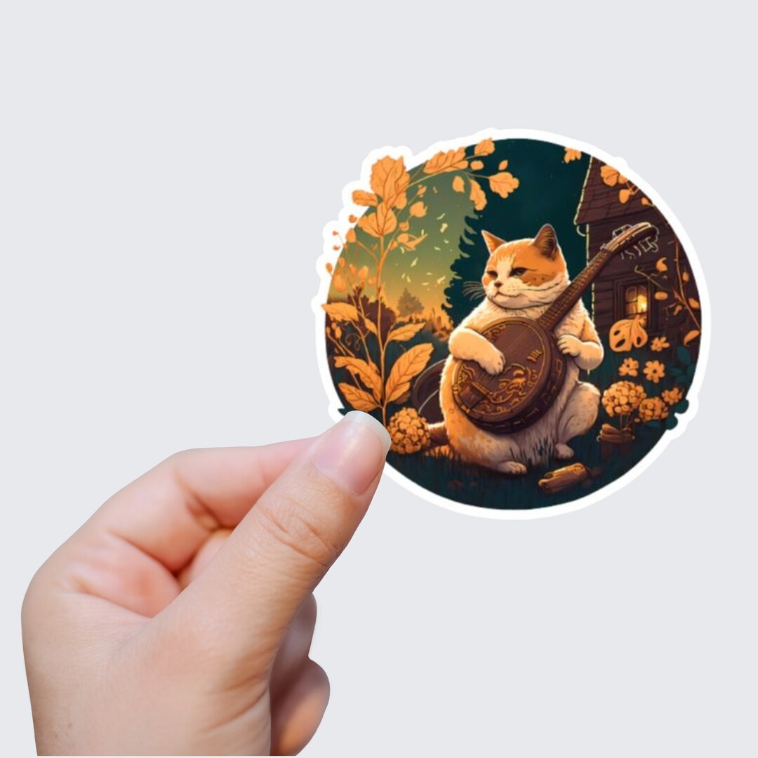 Merv the Mandolin Cat Die Cut Sticker Funny Laptop Stickers Orange ...
