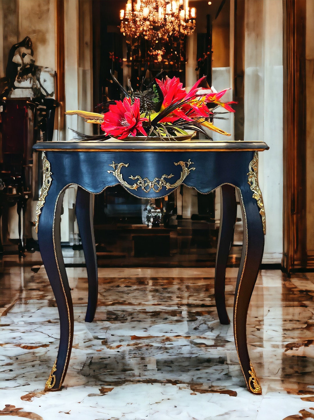 Hand Painted Blue French Louis XV Style Console Table: Refinished ...