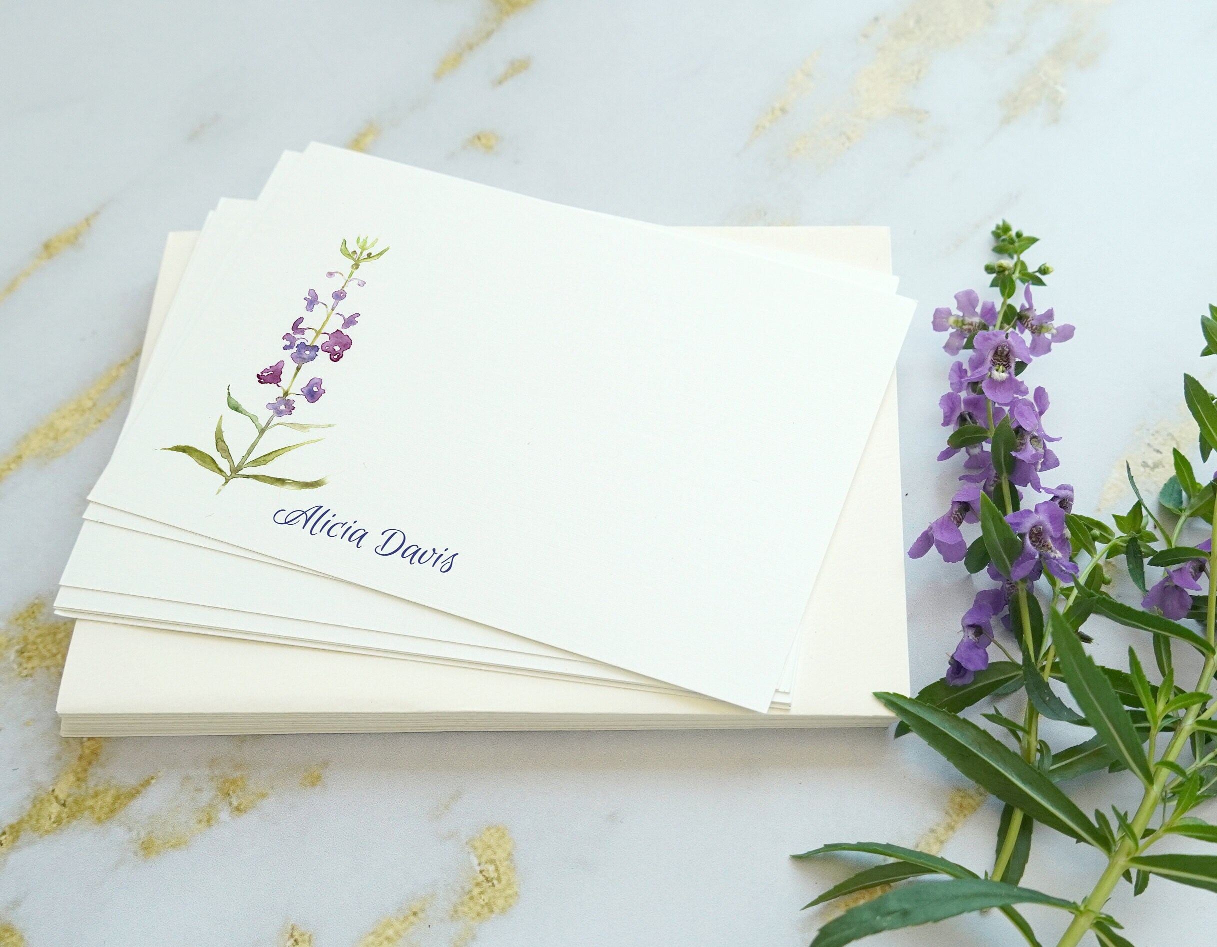 Custom Stationery, Note Cards Handmade, Watercolor Purple Floral Note ...