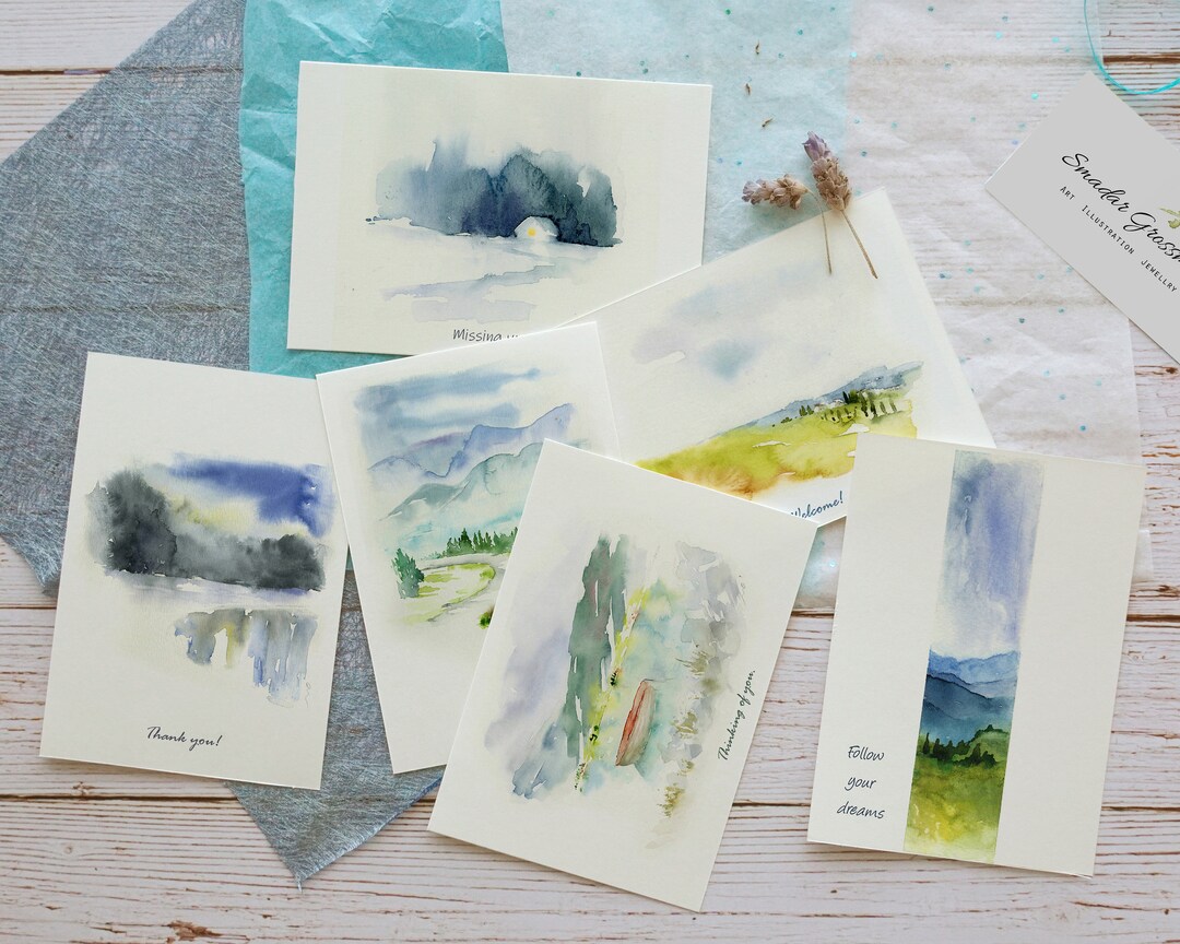 Watercolor Card Set, Painted Landscapes and Sceneries Cards ...