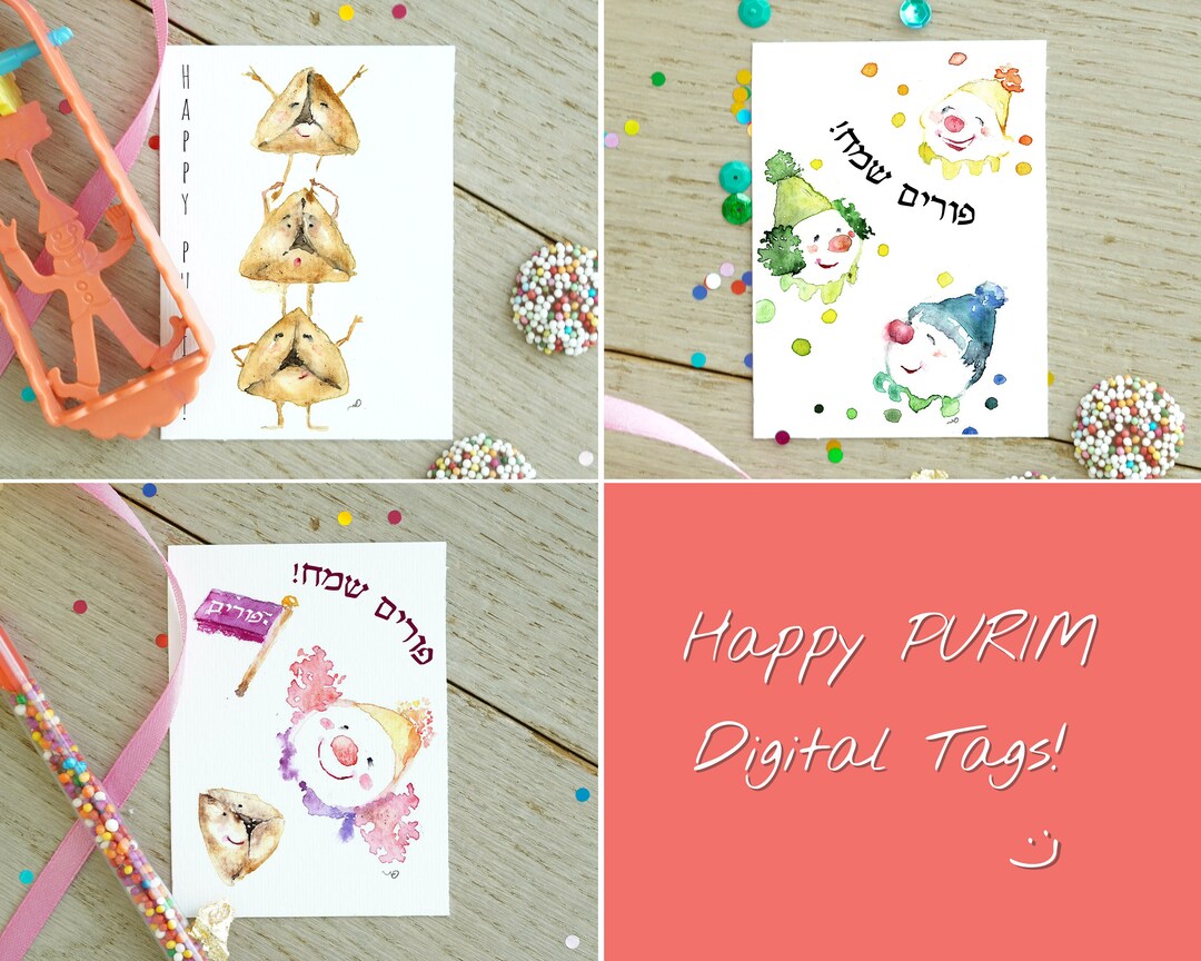 Printable Watercolor Purim Tags, Downloadable Jewish Greeting Card ...