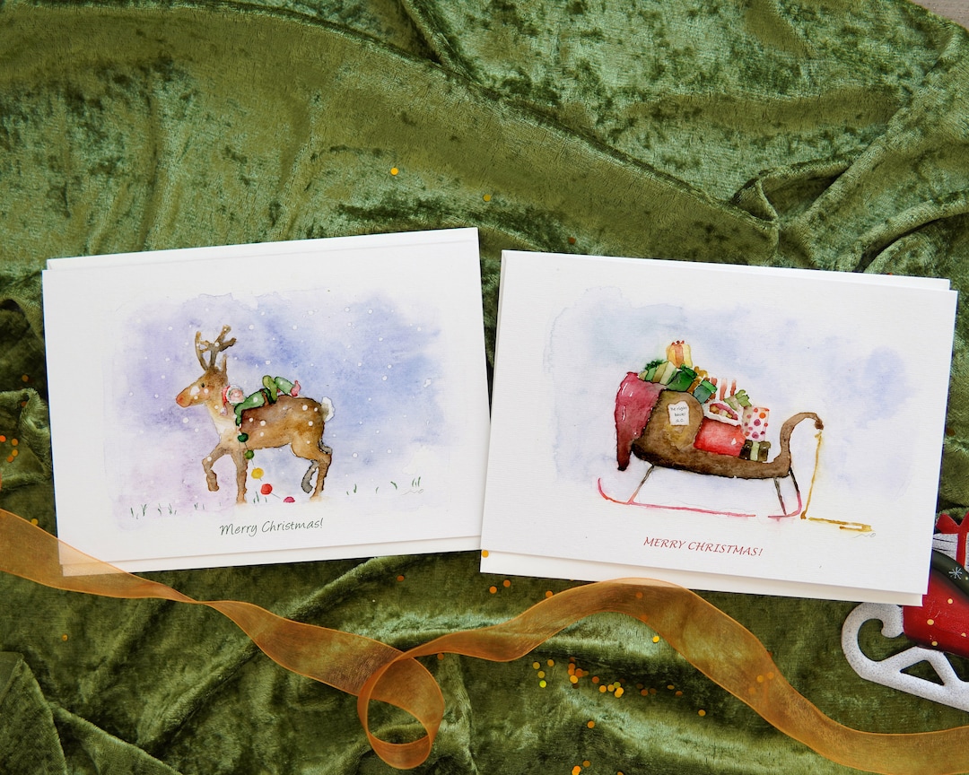2 Christmas Cards, Watercolor Holiday Art Cards, Set of Christmas ...