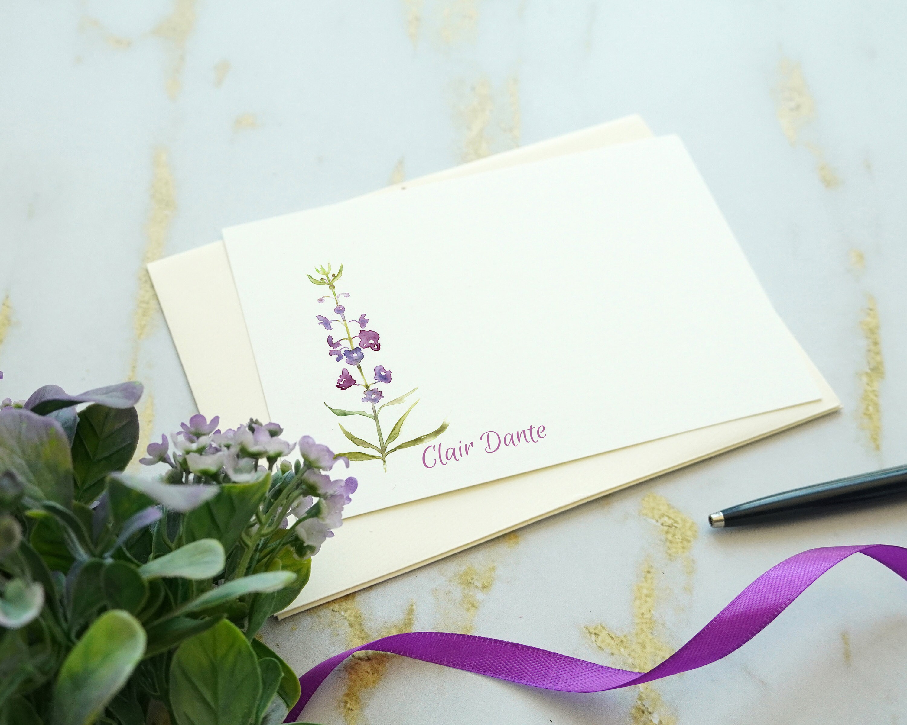 Custom Stationery, Note Cards Handmade, Watercolor Purple Floral Note ...