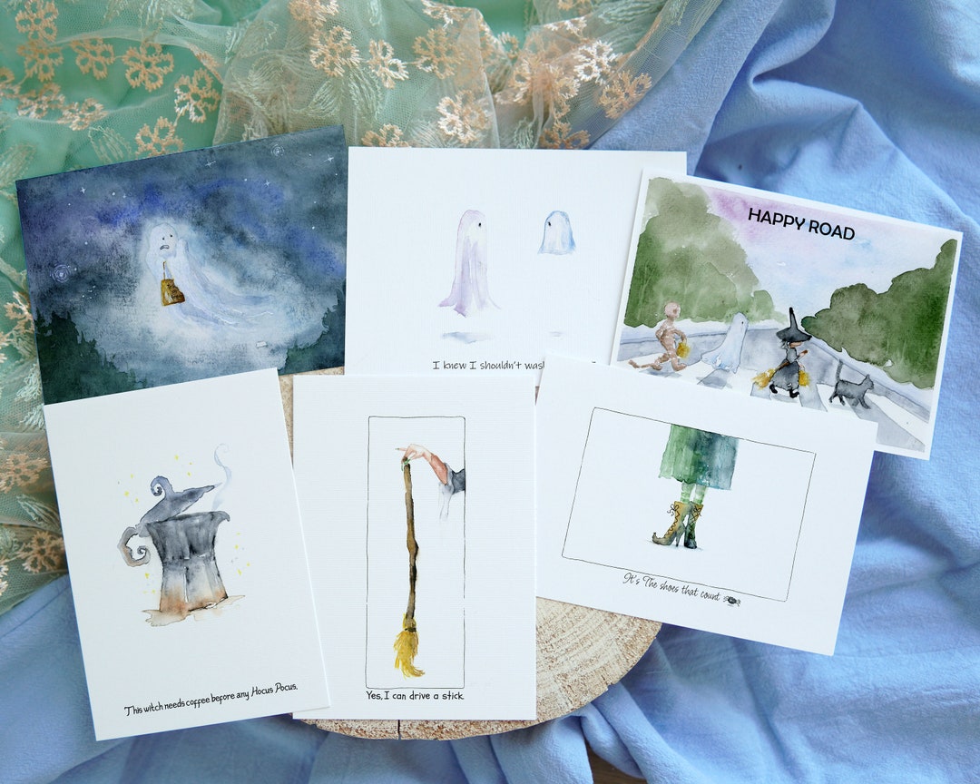 Funny Halloween Watercolor Card Set, Fall Holiday Card, Handmade ...