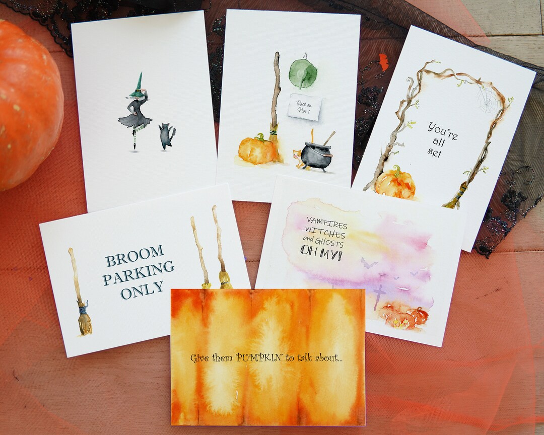 Funny Halloween Watercolor Card Set, Fall Holiday Card, Handmade ...