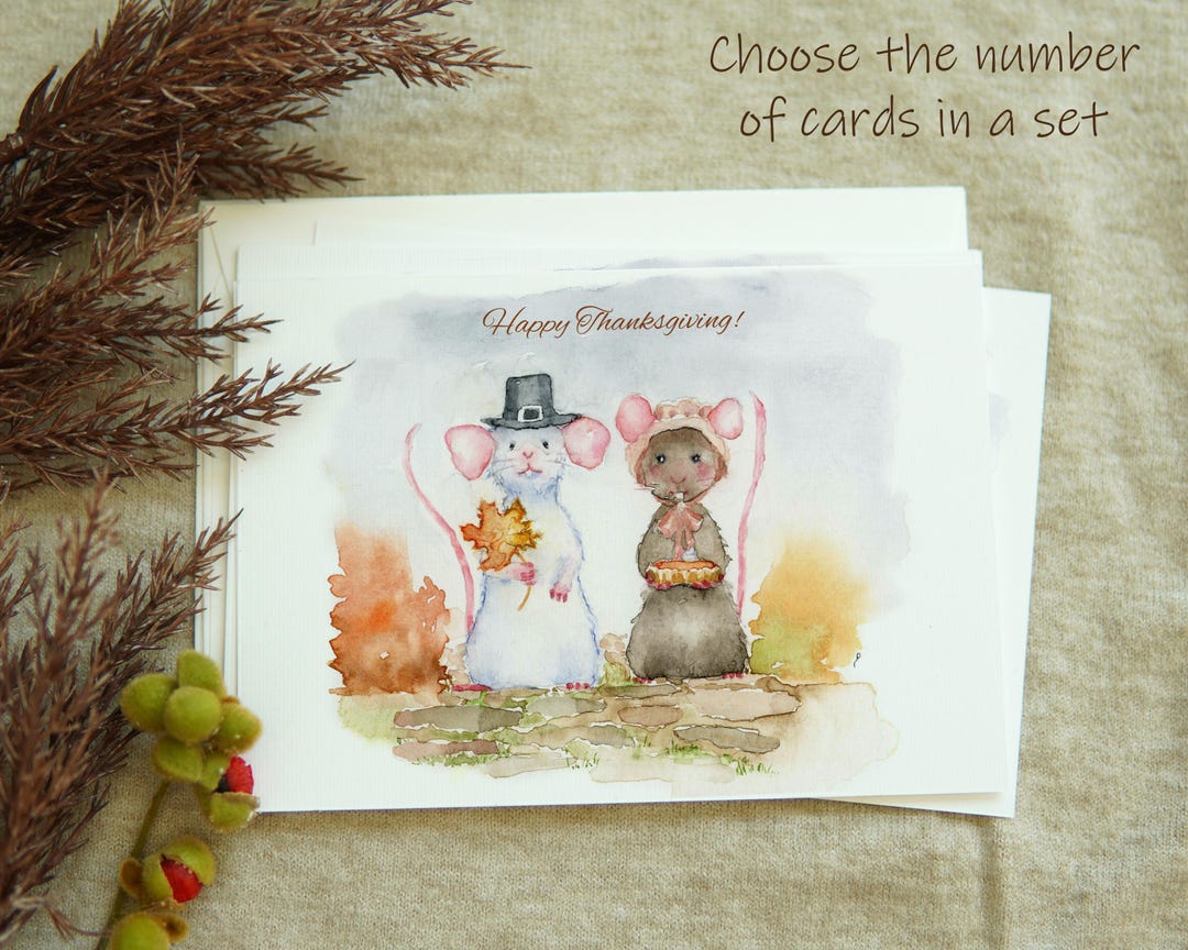 Funny Thanksgiving Greeting Watercolor Card Set, Red Leaves Fall ...