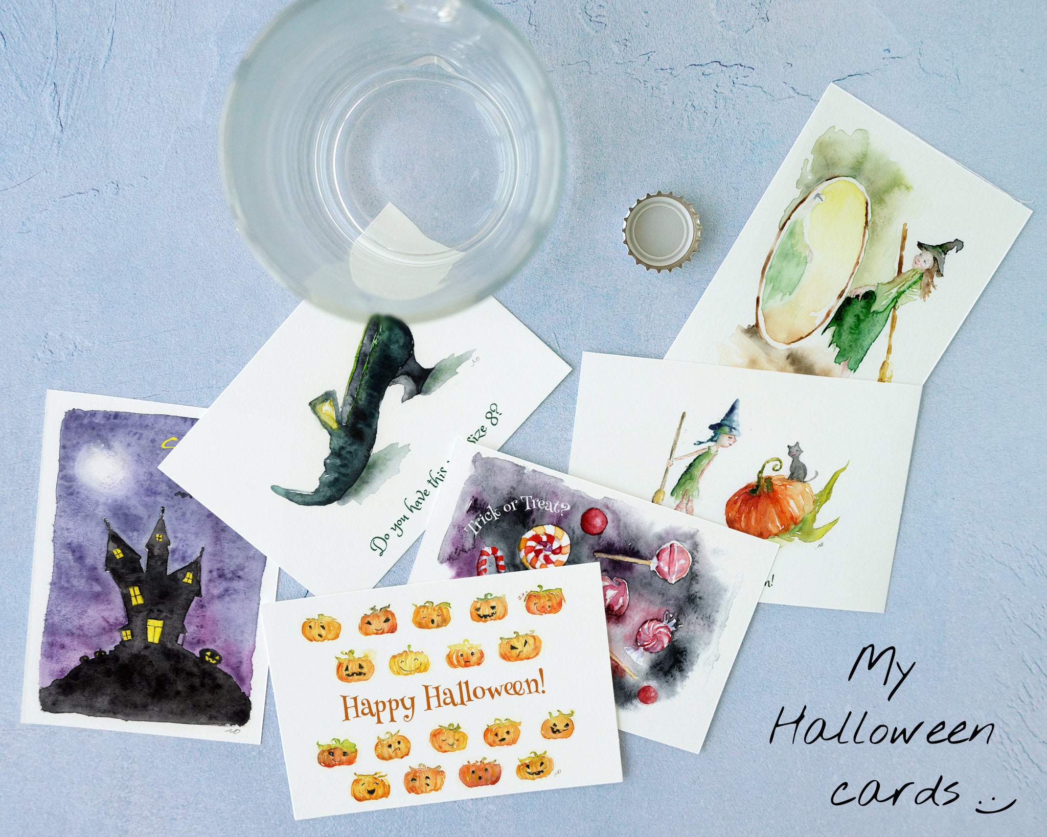 Halloween Greeting Cards, Seasonal Watercolor Card, Halloween Card Set ...