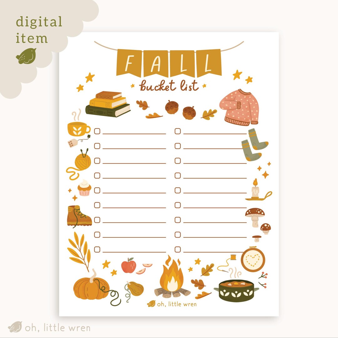 Fall Bucket List Printable Fill in the Blank Fall Illustrations Instant ...