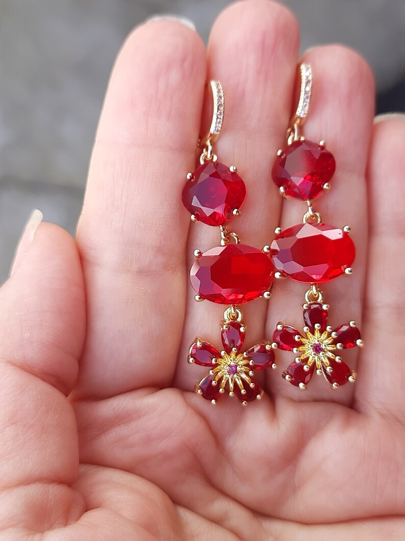 Ruby Red Crystal Flower Dangle Earrings, Elegant Statement Jewelry ...