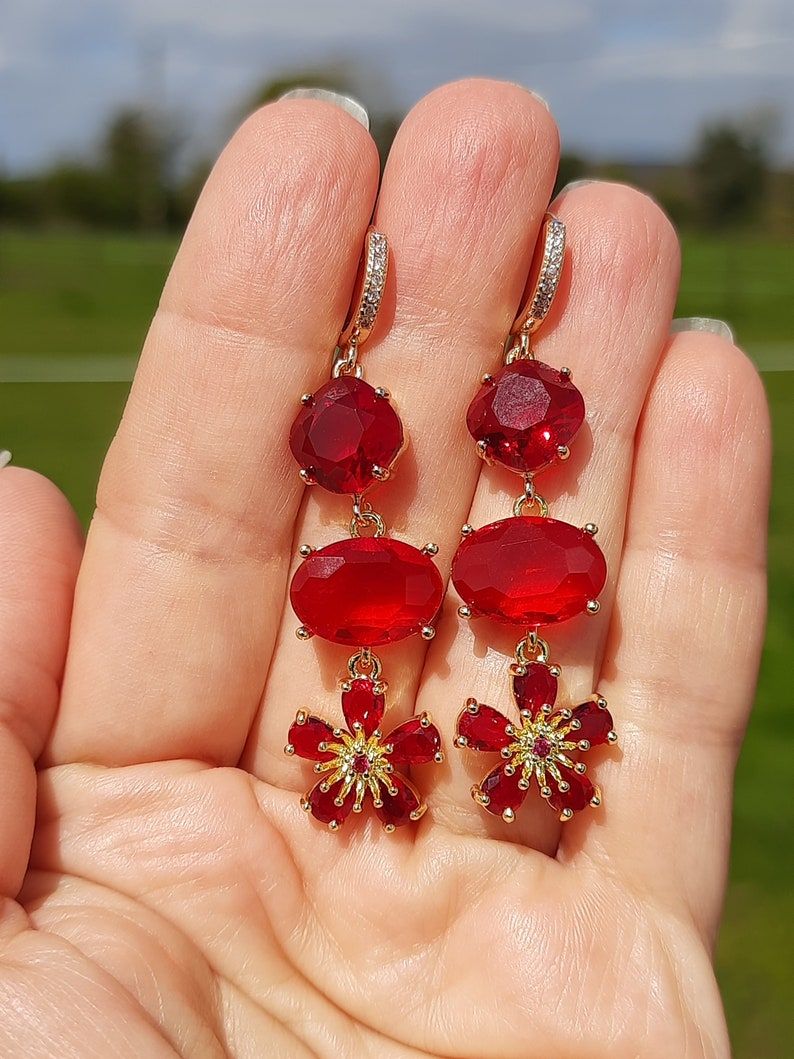 Ruby Red Crystal Flower Dangle Earrings, Elegant Statement Jewelry ...