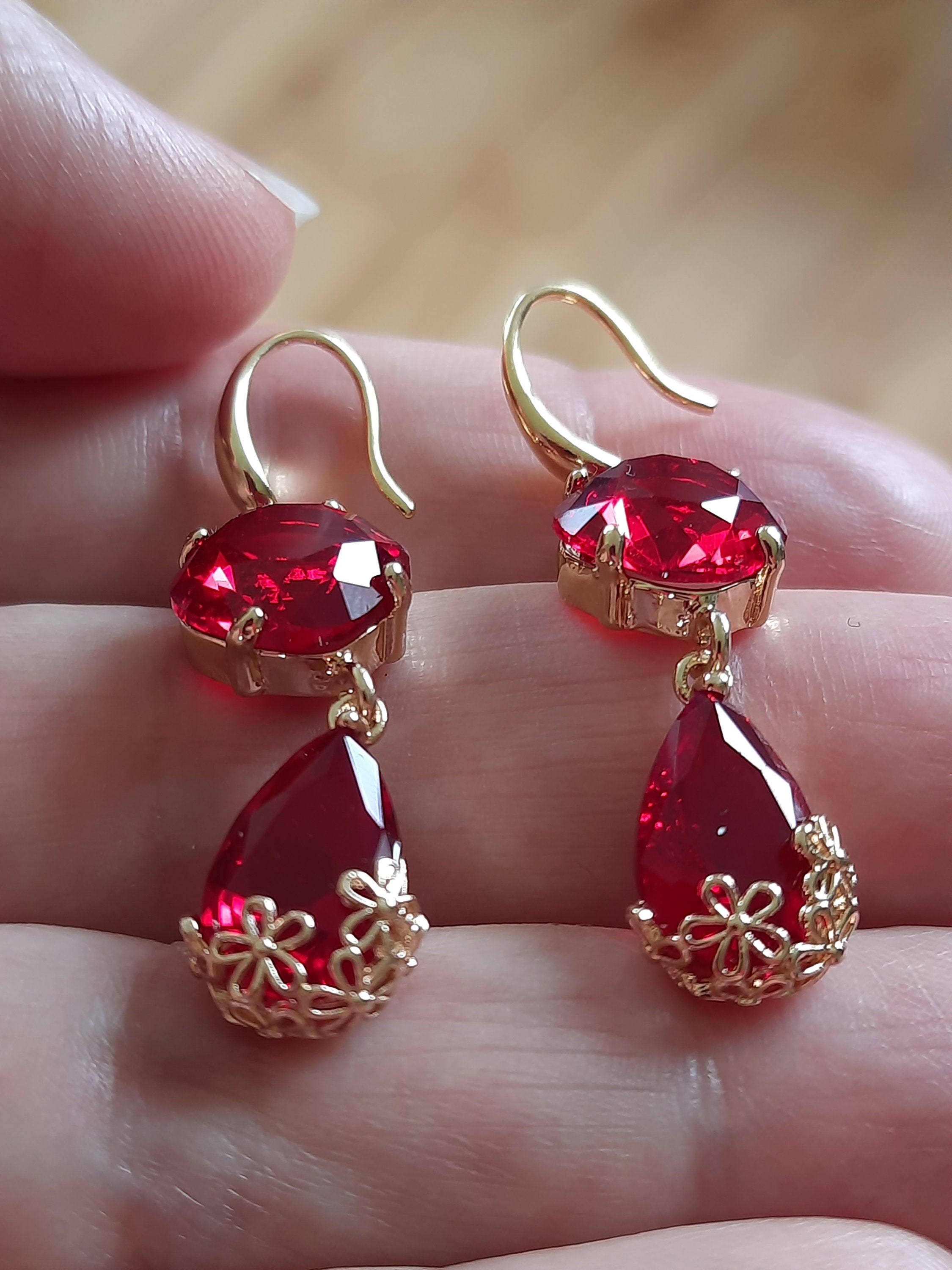 Red Earrings, Teardrop Red Dangling Earrings , Red Sakura Earrings ...