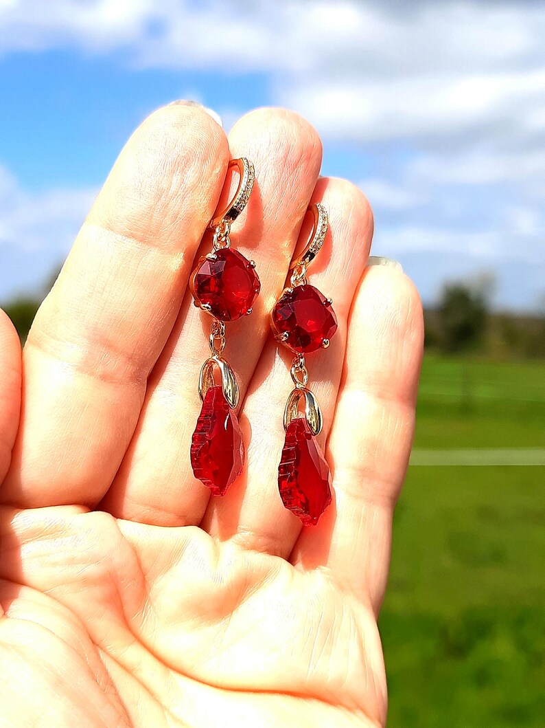 Ruby Red Crystal Dangling Earrings, Elegant Classic Bright Red Earrings ...