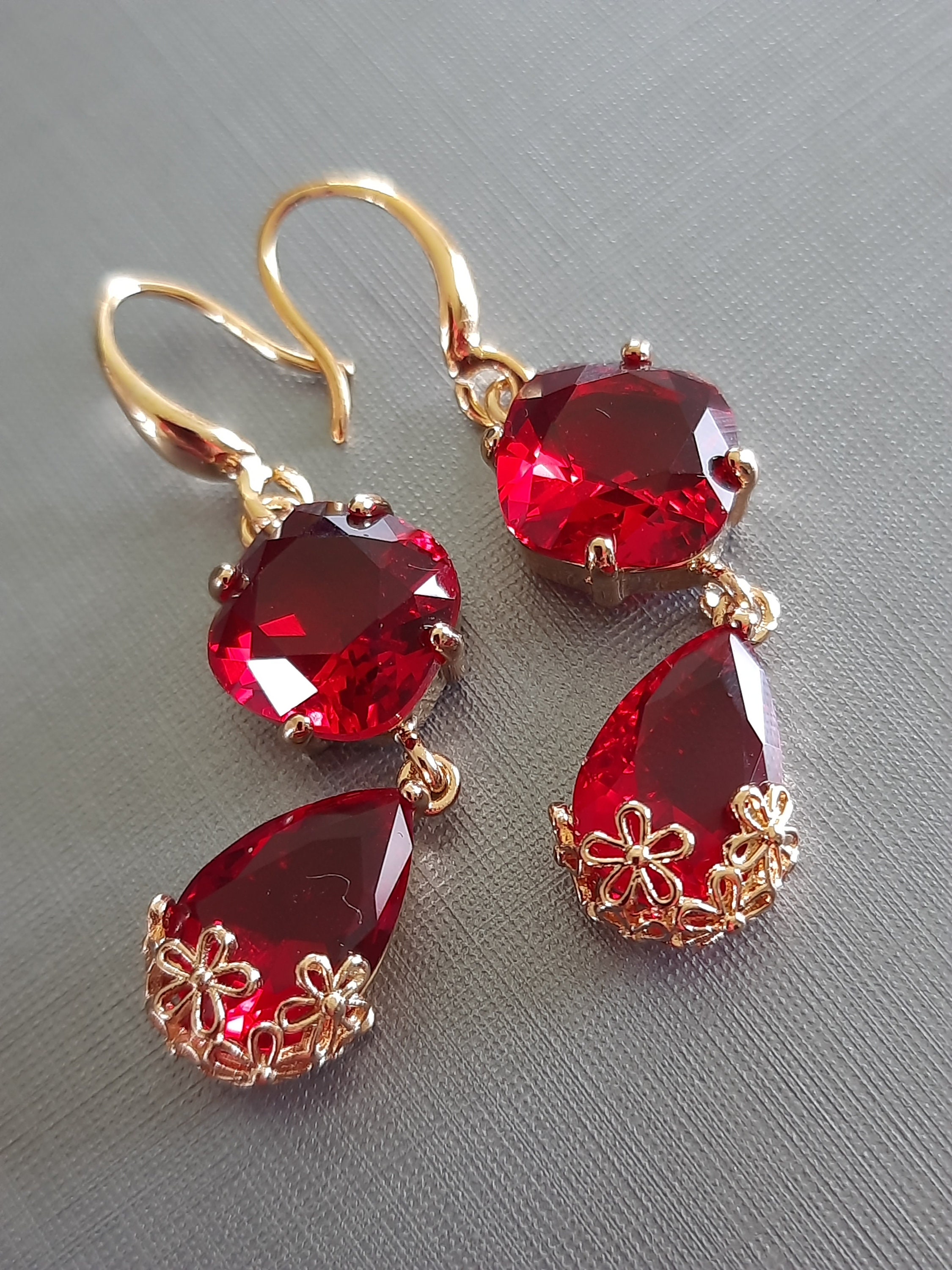 Red Earrings, Teardrop Red Dangling Earrings , Red Sakura Earrings ...