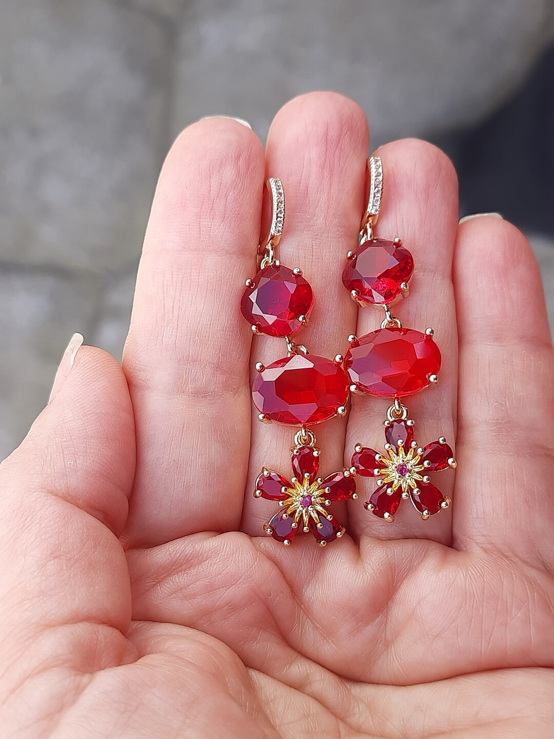 Ruby Red Crystal Flower Dangle Earrings, Elegant Statement Jewelry ...