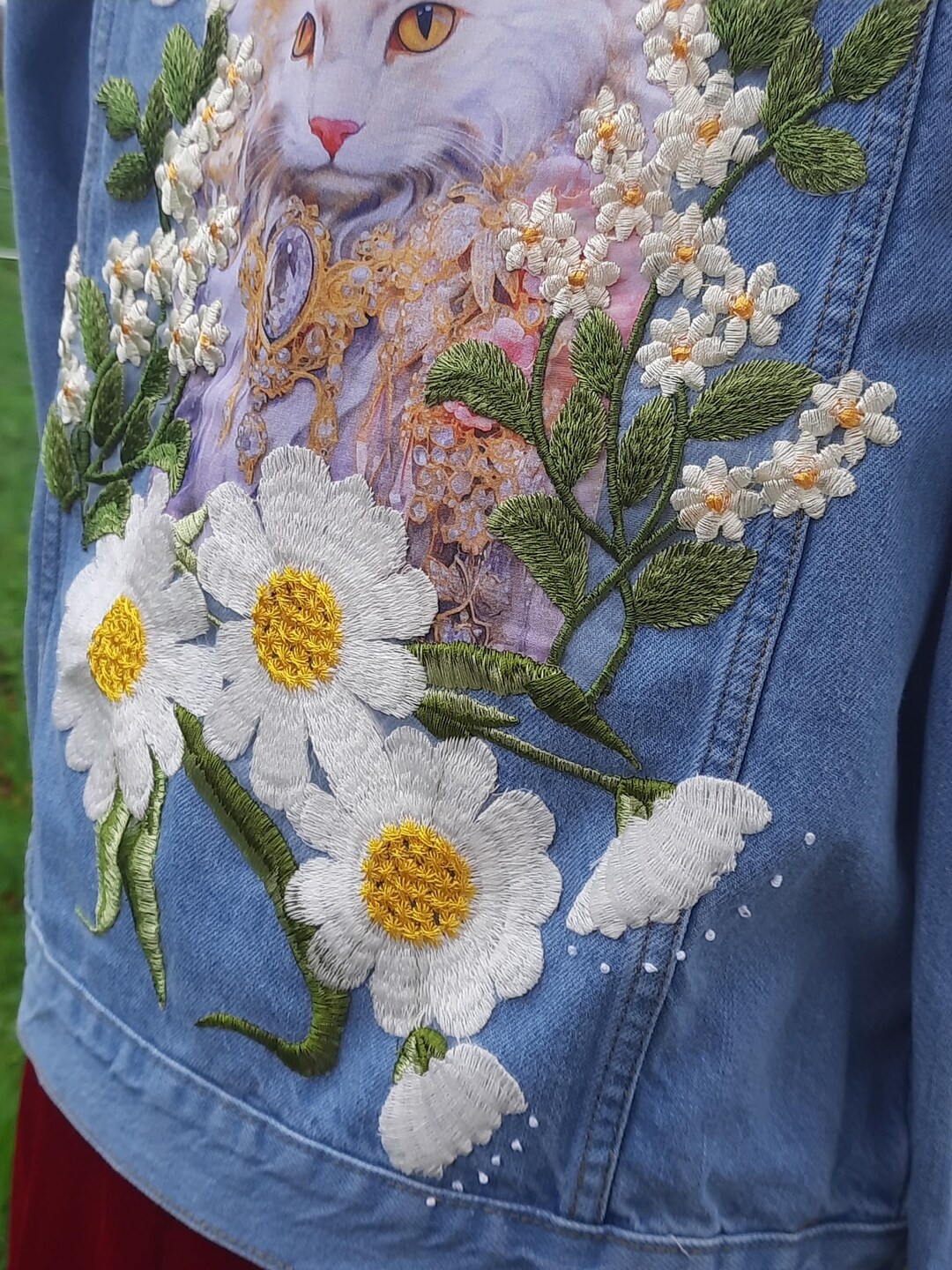 Cat Denim Jacket, Blue Denim Jacket, Hand Made Sew on Embroidery ...