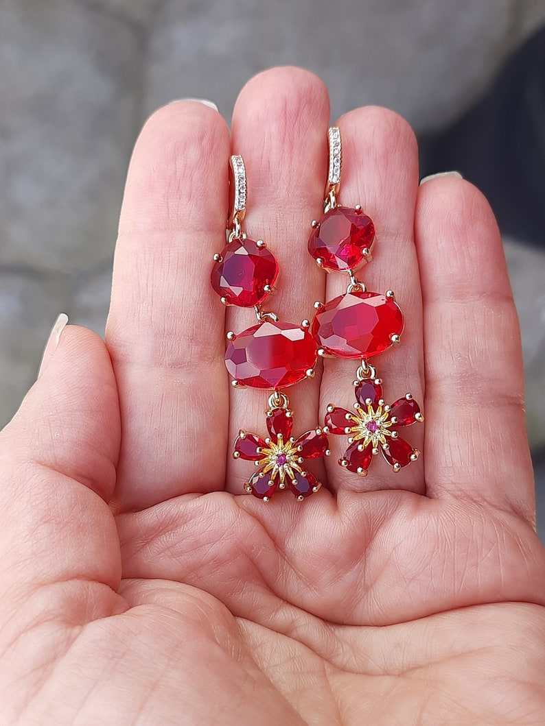Ruby Red Crystal Flower Dangle Earrings, Elegant Statement Jewelry ...