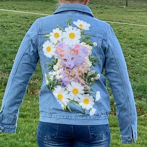 Cat Denim Jacket, Blue Denim Jacket, Hand Made Sew on Embroidery ...