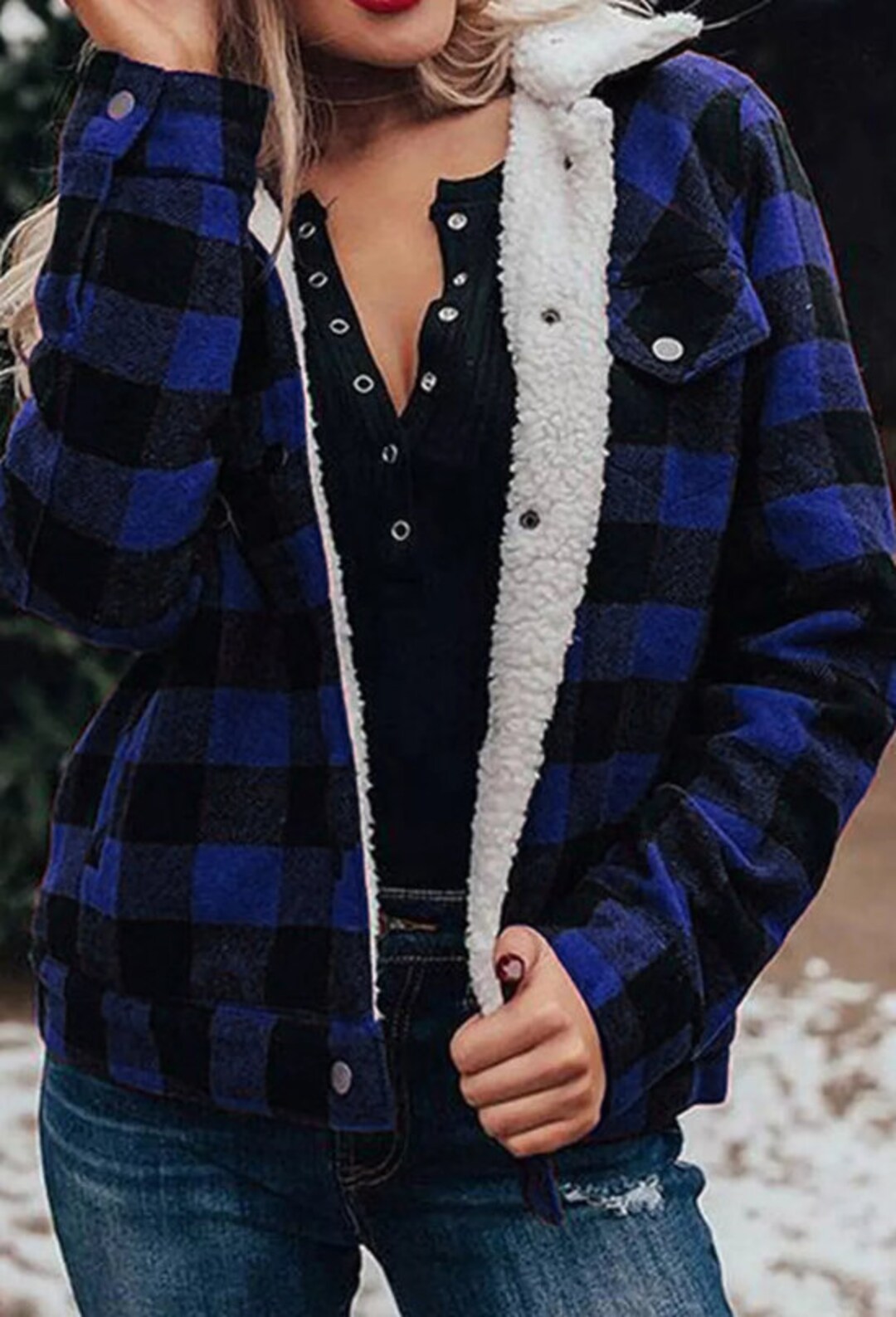 Plaid Print Fleece Button Jacket - Etsy