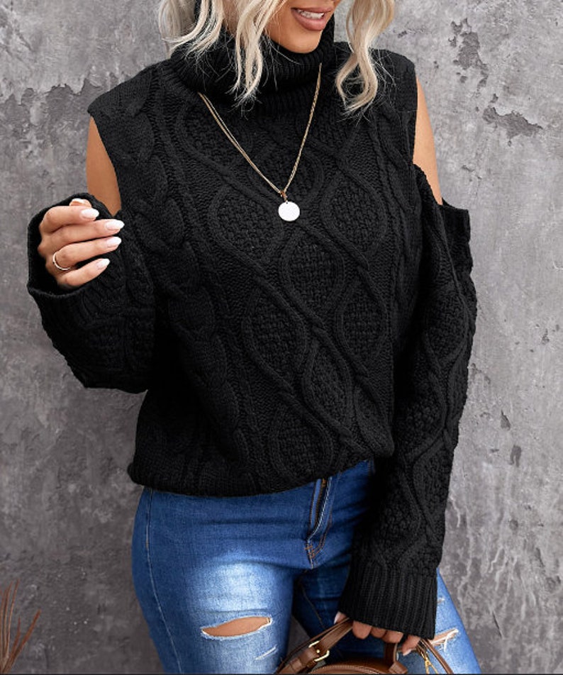 Black Turtleneck Open Shoulder Sweater - Etsy