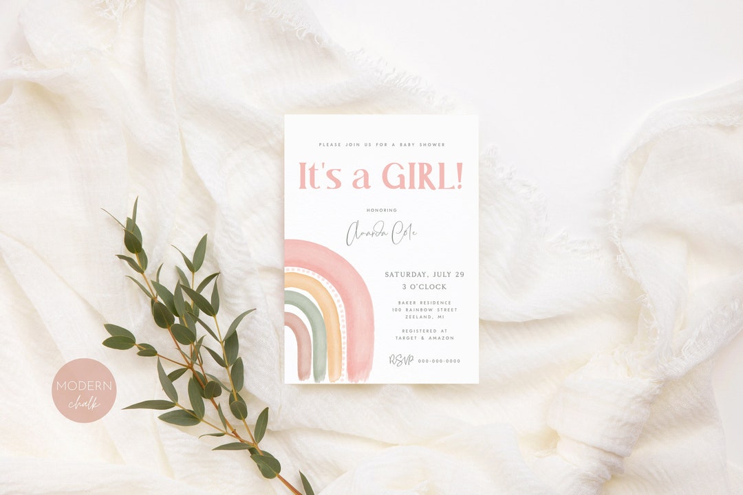 Rainbow Baby Shower Invite, It's A Girl, Pastel Boho Rainbow, Trendy ...