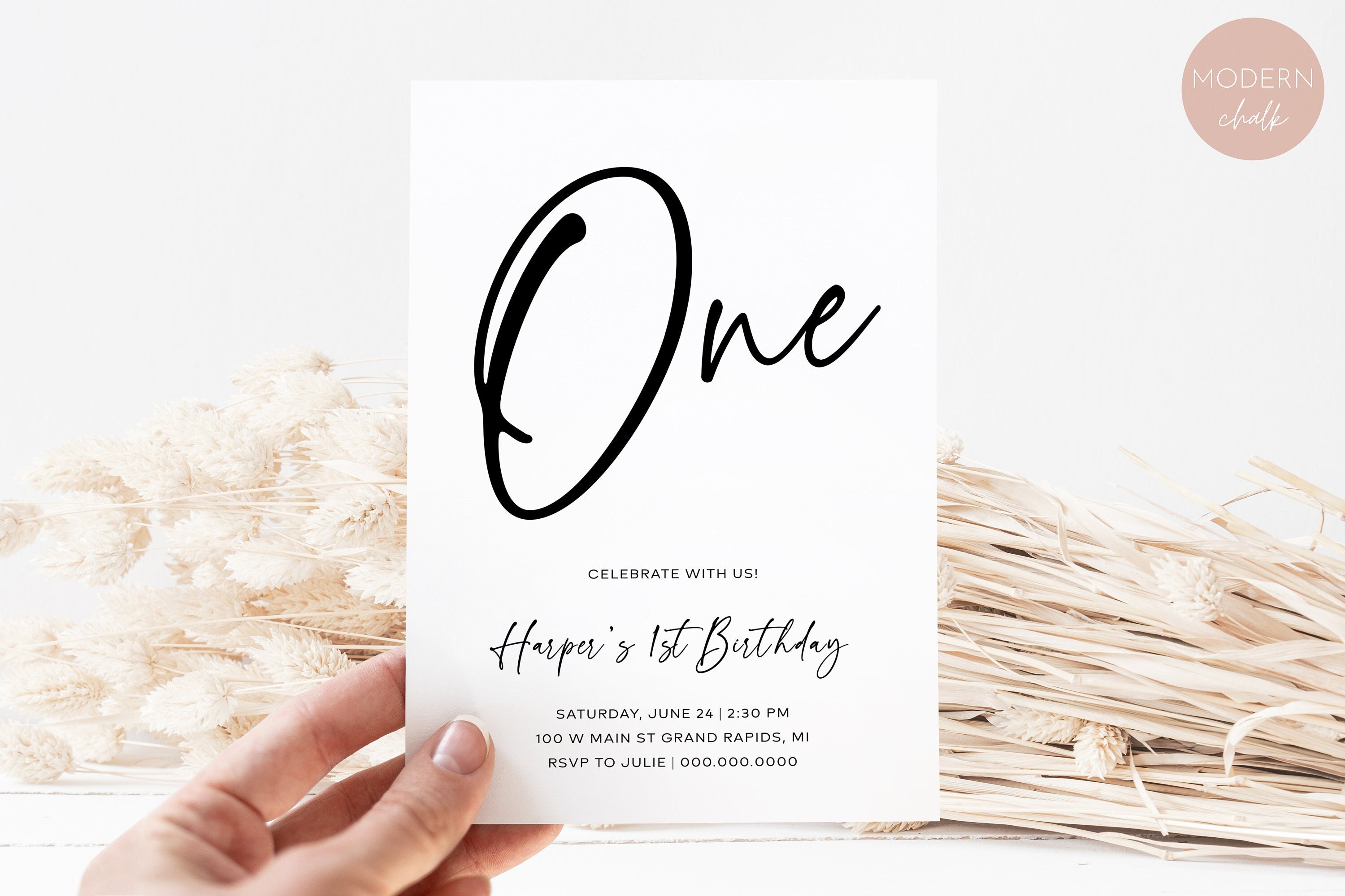 First Birthday Invitation Digital, Pretty Gender Neutral Invite ...