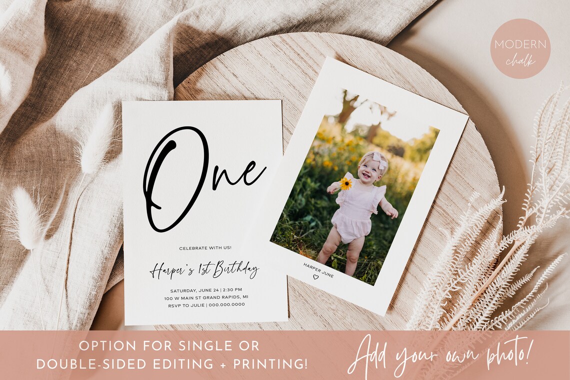 First Birthday Invitation Digital, Pretty Gender Neutral Invite ...