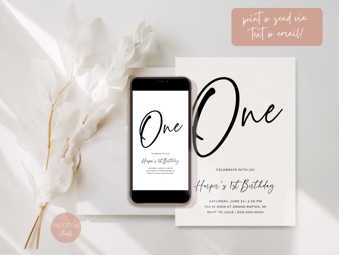 First Birthday Invitation Digital, Pretty Gender Neutral Invite ...