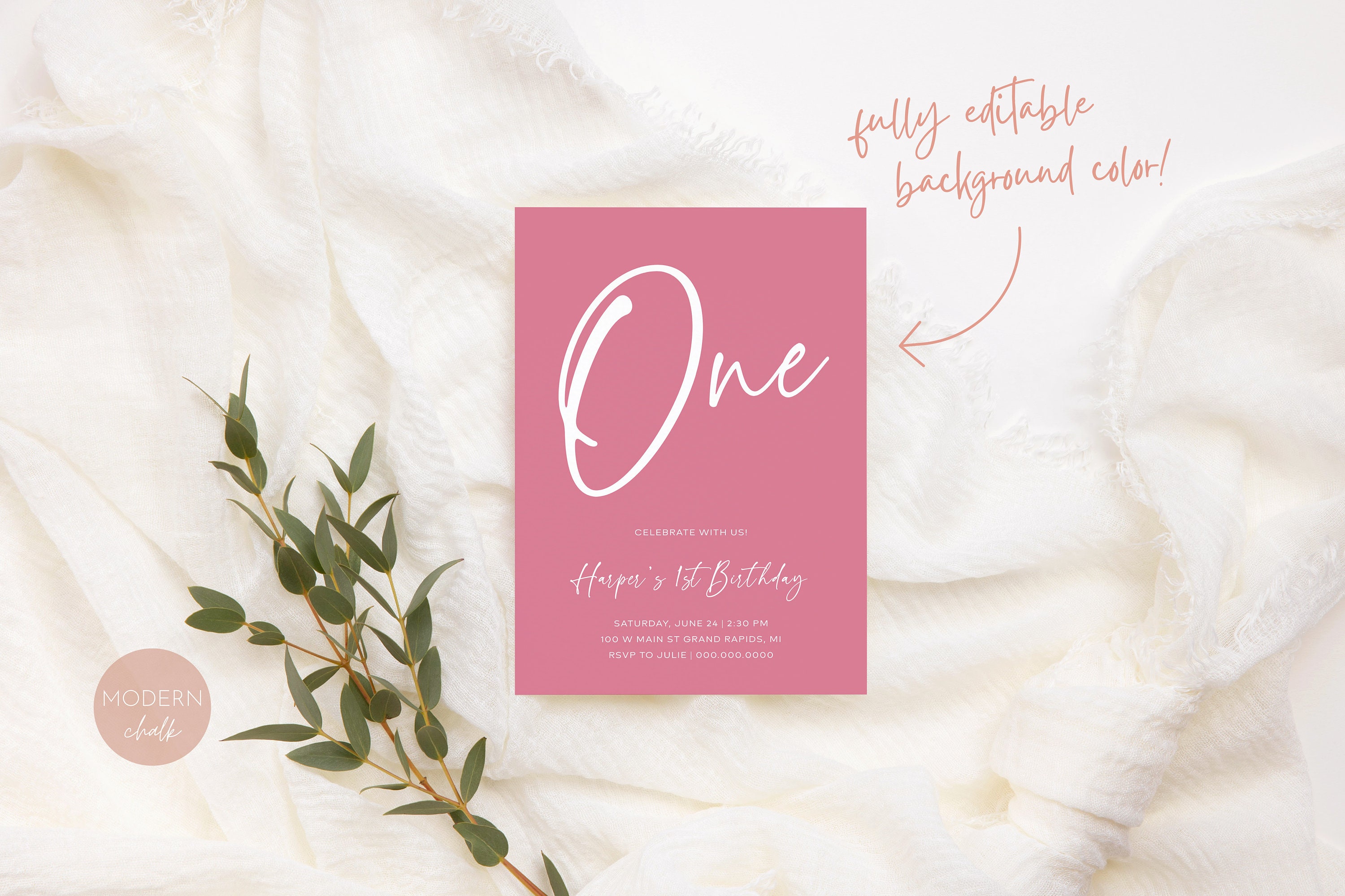 First Birthday Invitation Digital, Pretty Gender Neutral Invite ...
