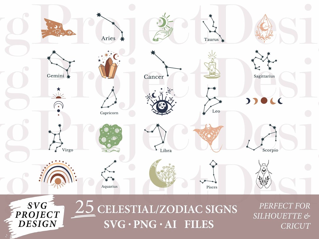 25 Celestial Svg Files, Zodiac Signs Svg, Astrology Svg, Crystals Svg ...