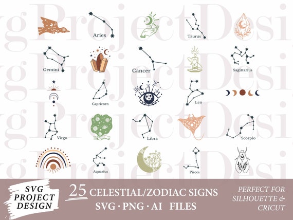 25 Celestial Svg Files Zodiac Signs Svg Astrology Svg - Etsy