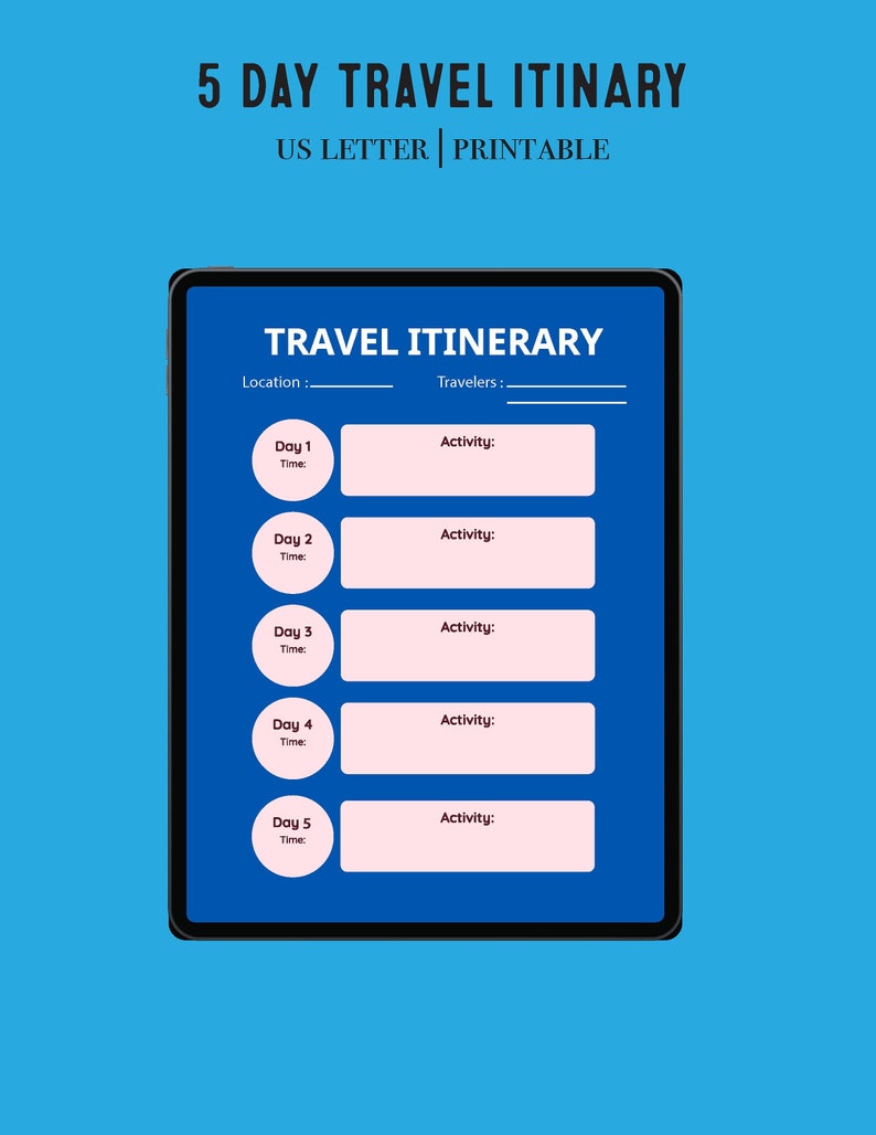 5 Day Travel Itinerary Printable - Etsy