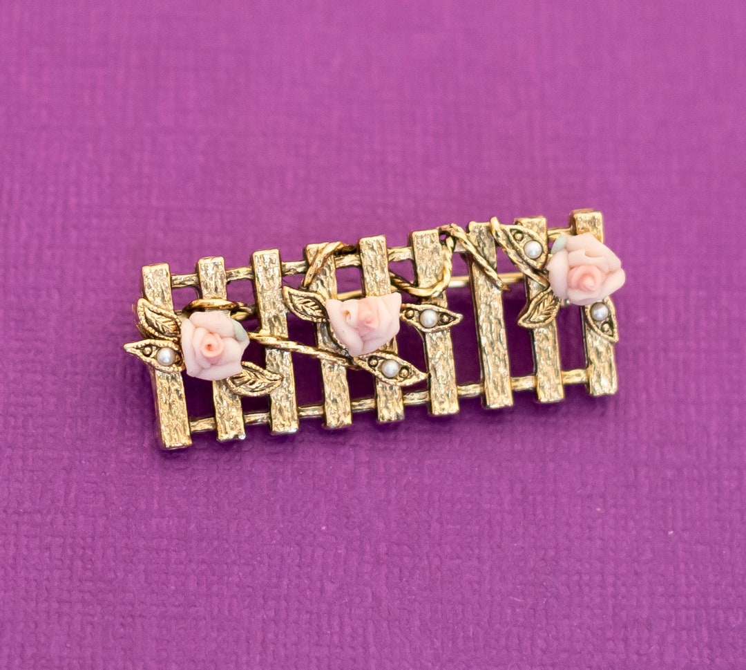 Vintage Pink Rose Fence Brooch - Q27 - Etsy