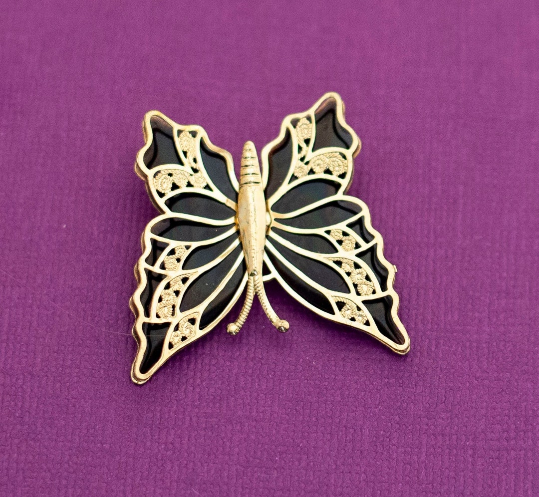Vintage Gothic Butterfly Black and Gold Tone Brooch - Q3 - Etsy