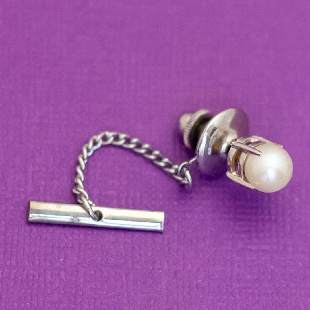 Vintage White Faux Pearl Chained Sterling Silver Tie Pin - Q33 - Etsy