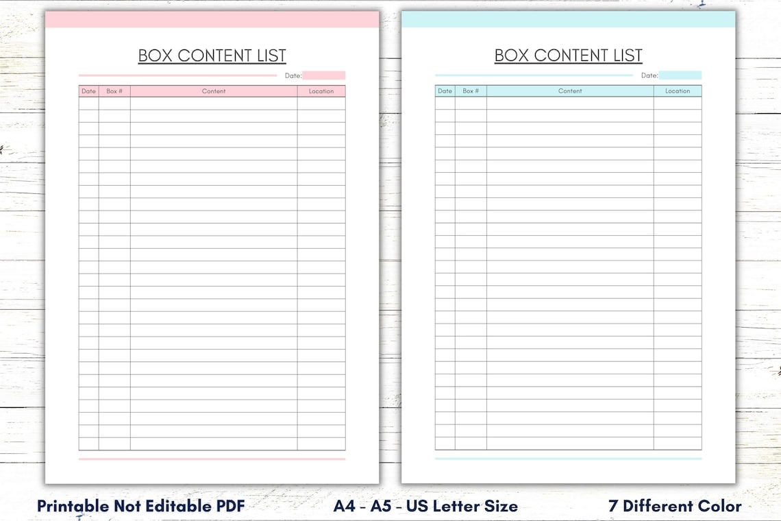 Box Content List Template Printable, Moving Process Planner, Moving ...