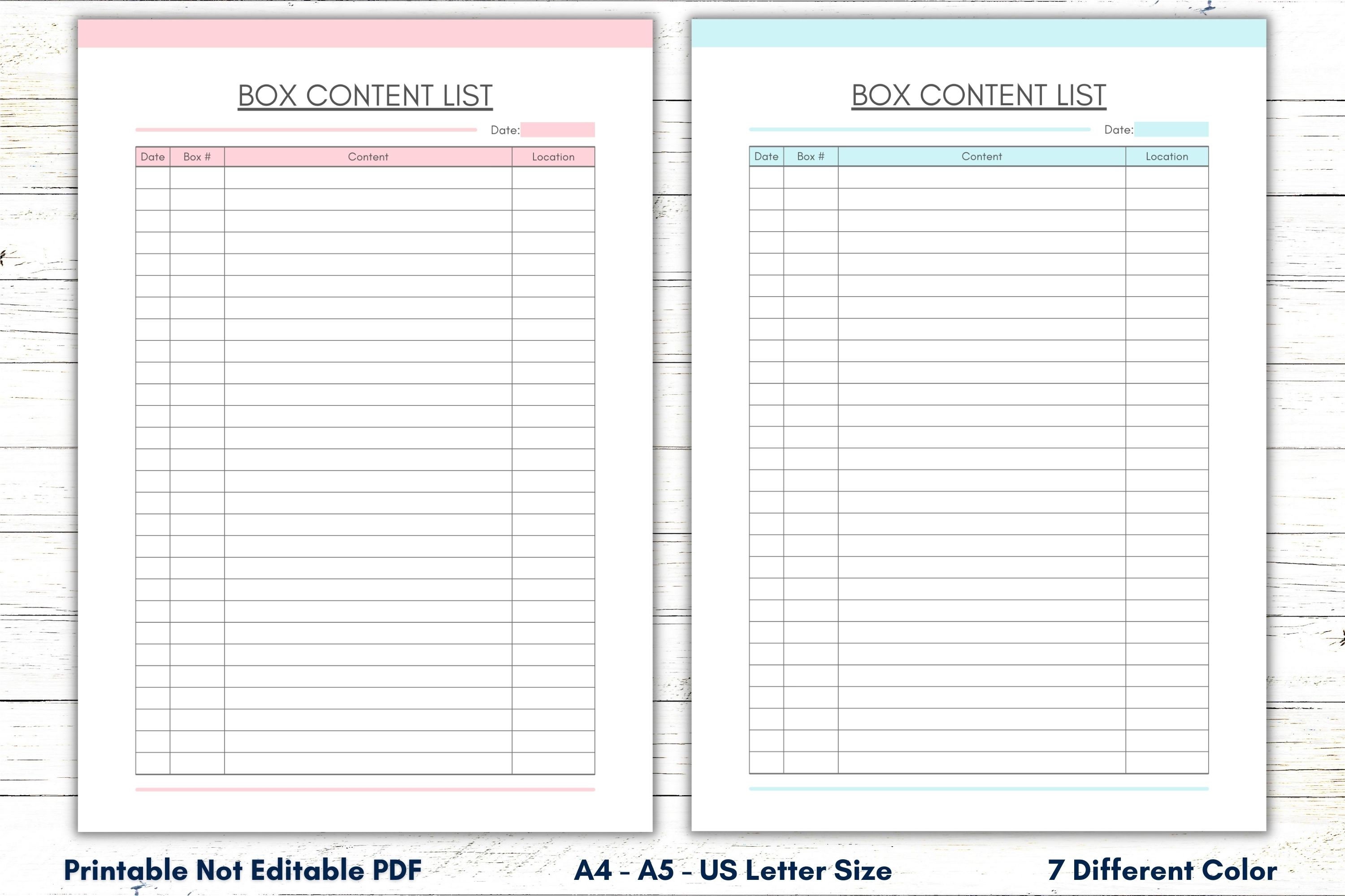 Box Content List Template Printable, Moving Process Planner, Moving ...