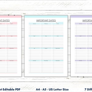 Printable Important Dates Sheet, PDF Important Dates Tracker, PDF Dates ...