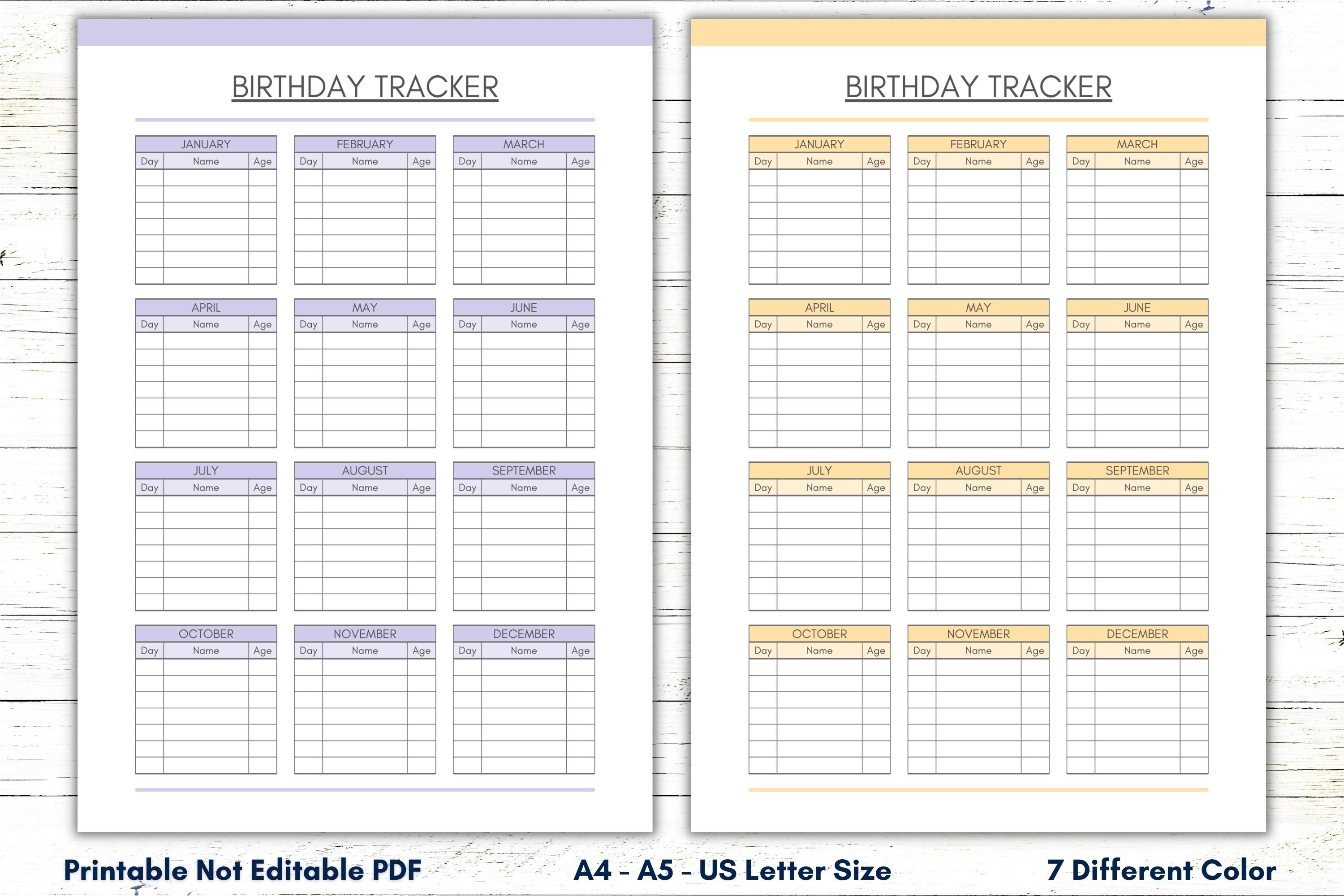 Printable Birthday Tracker, Birthday List Template, Birthday Planner ...