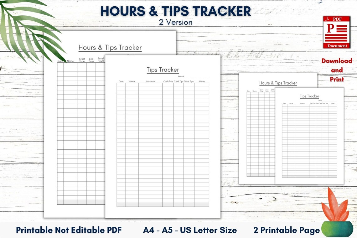 Printable Hours and Tips Tracker Cash Tips Tracker Card Tips | Etsy