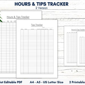 Printable Hours and Tips Tracker Cash Tips Tracker Card Tips | Etsy