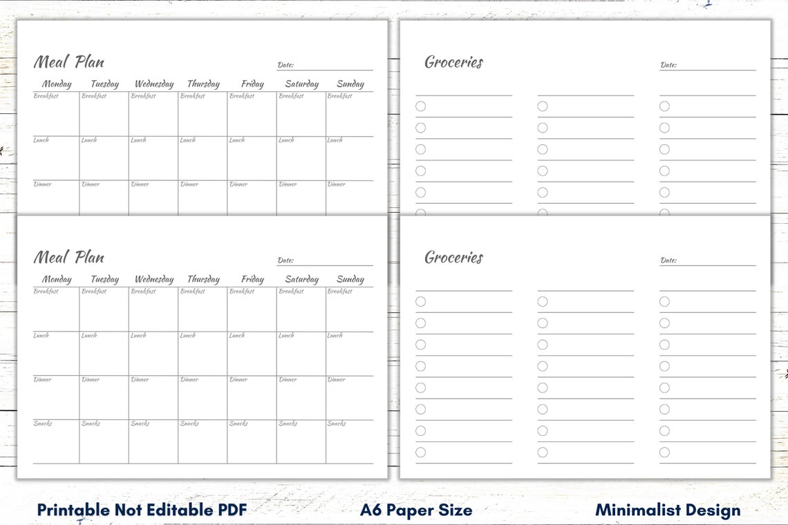 A6 Meal Planner Printable, A6 Grocery List, A6 Weekly Meal Planner ...