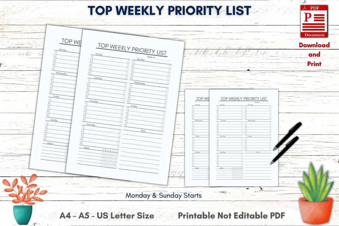 Printable Priority List Printable Weekly Priorities | Etsy