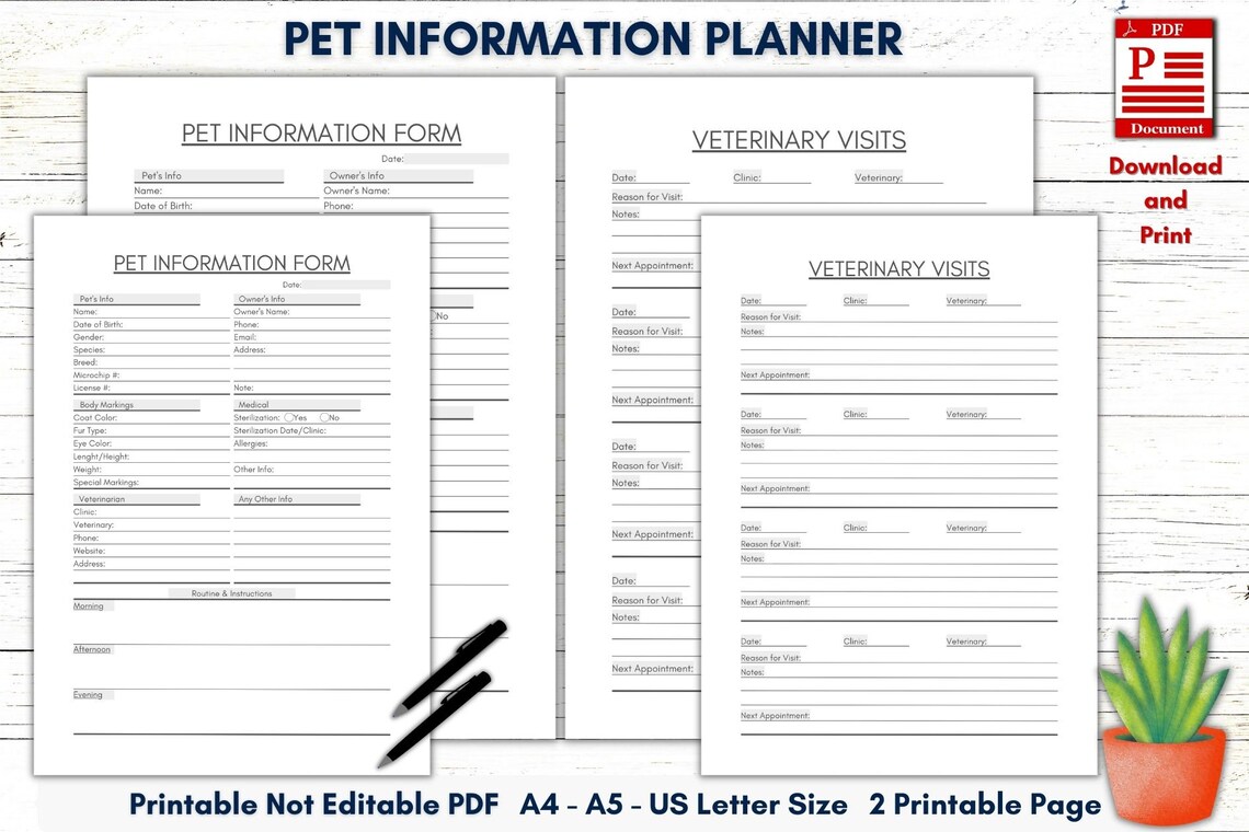 Printable Pet Information Form PDF Pet Veterinary Visit | Etsy